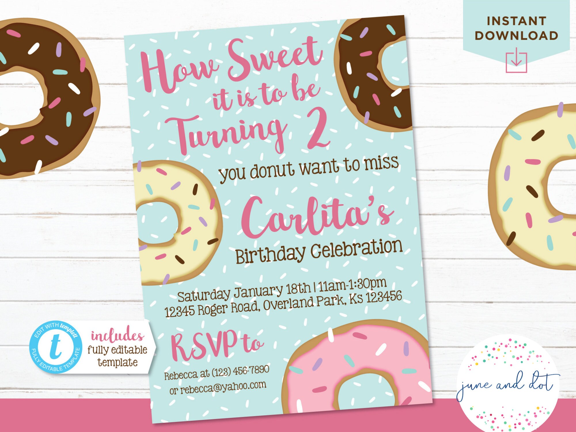 Invitations Paper & Party Supplies Paper Editable Donut Birthday ...