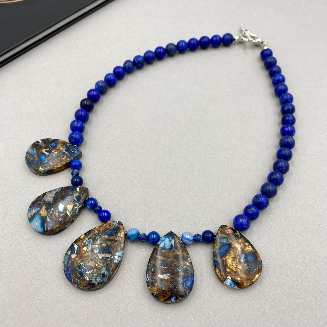 Lapis Lazuli Choker, Gemstone Teardrop Blue Beaded Statement Necklace ...
