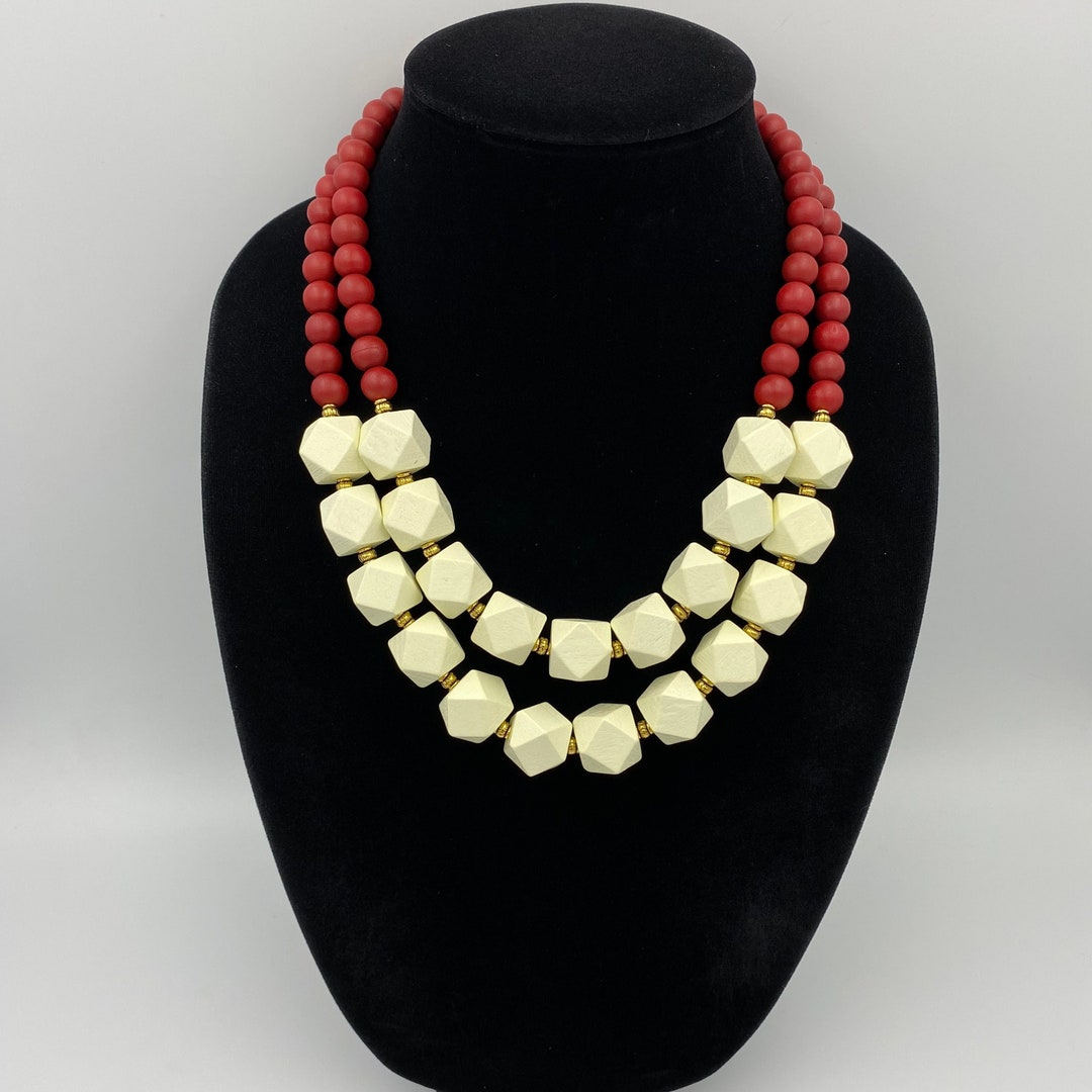 Ivory White and Ruby Red Statement Chunky Necklace, Wood Beaded ...