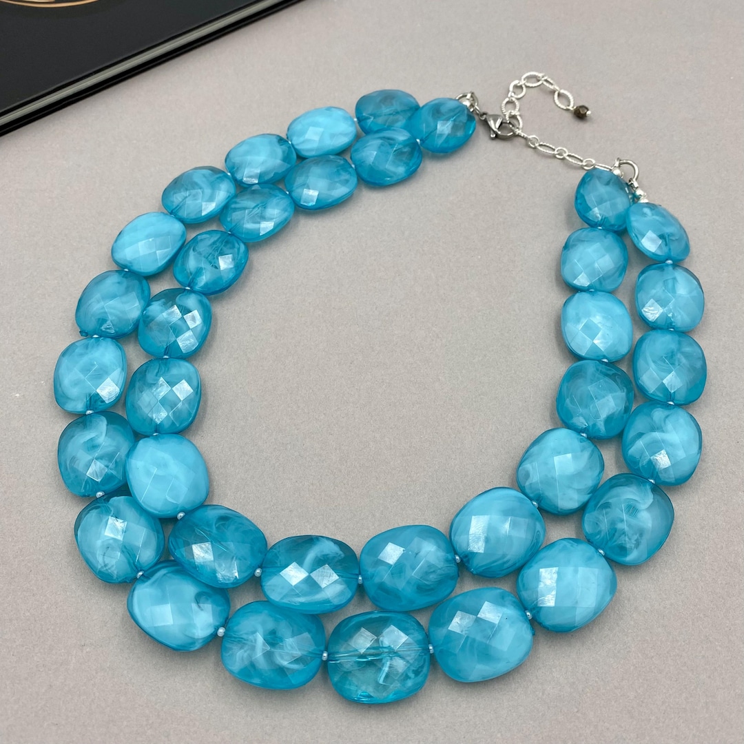 Blue Double Strands Necklace, Bold Statement Beaded Multi Strand ...