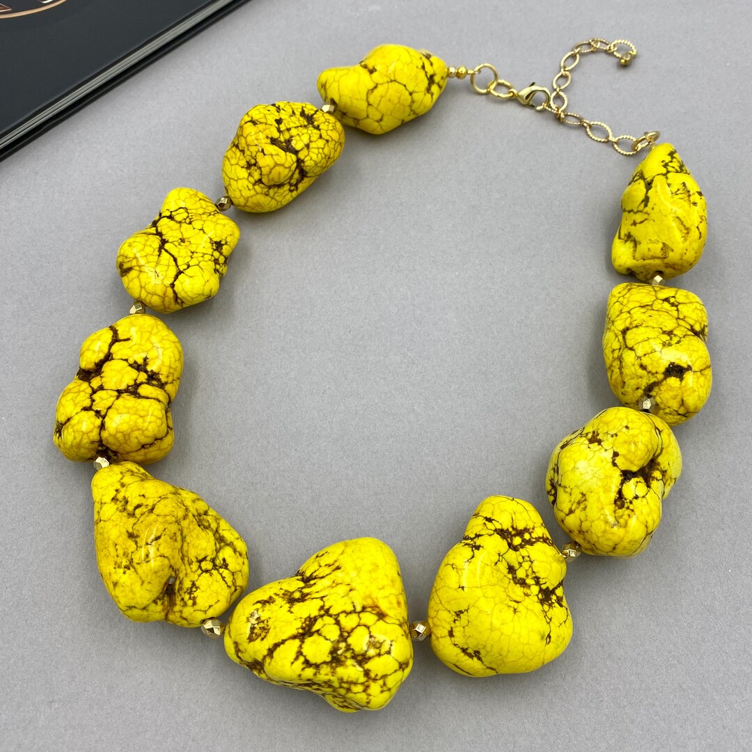 Chunky Yellow Magnesite Nugget Statement Necklace, Bold Beaded Layered ...