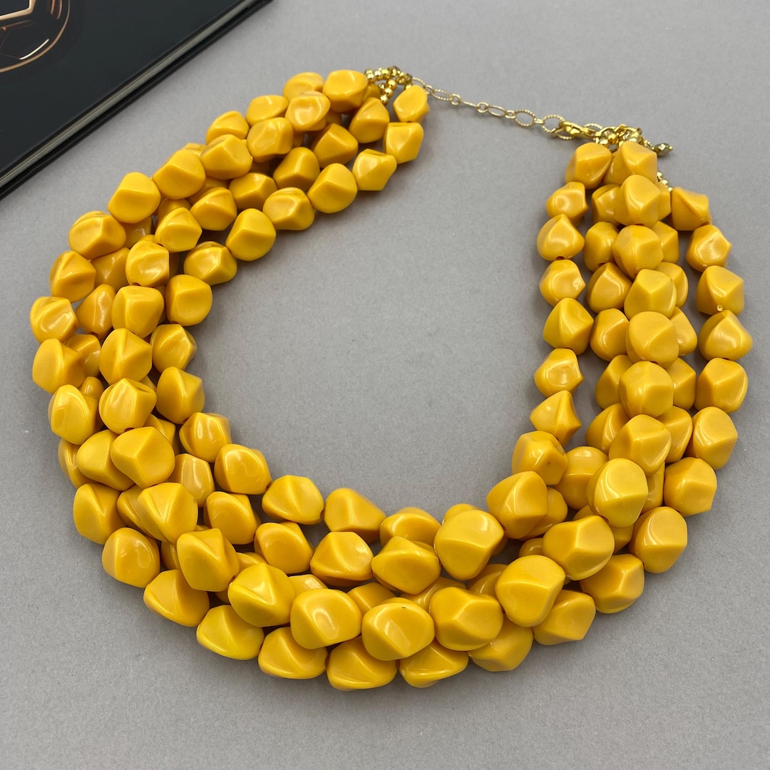 Yellow Chunky Beaded Necklace, Bold Multi Strand Acrylic Statement ...