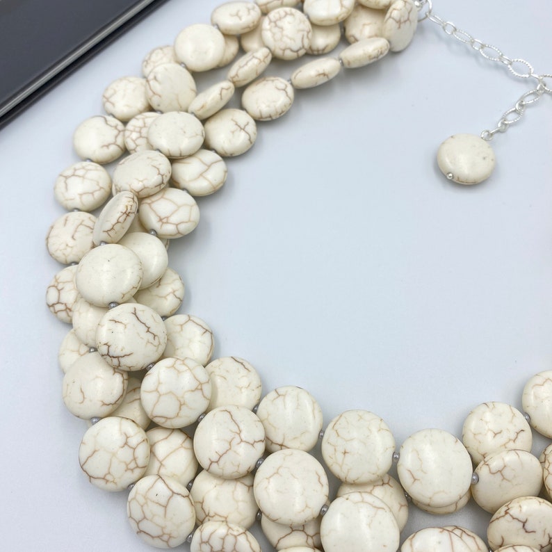 Chunky White Howlite Necklace, Multi Strand Beaded Statement, Bridal ...