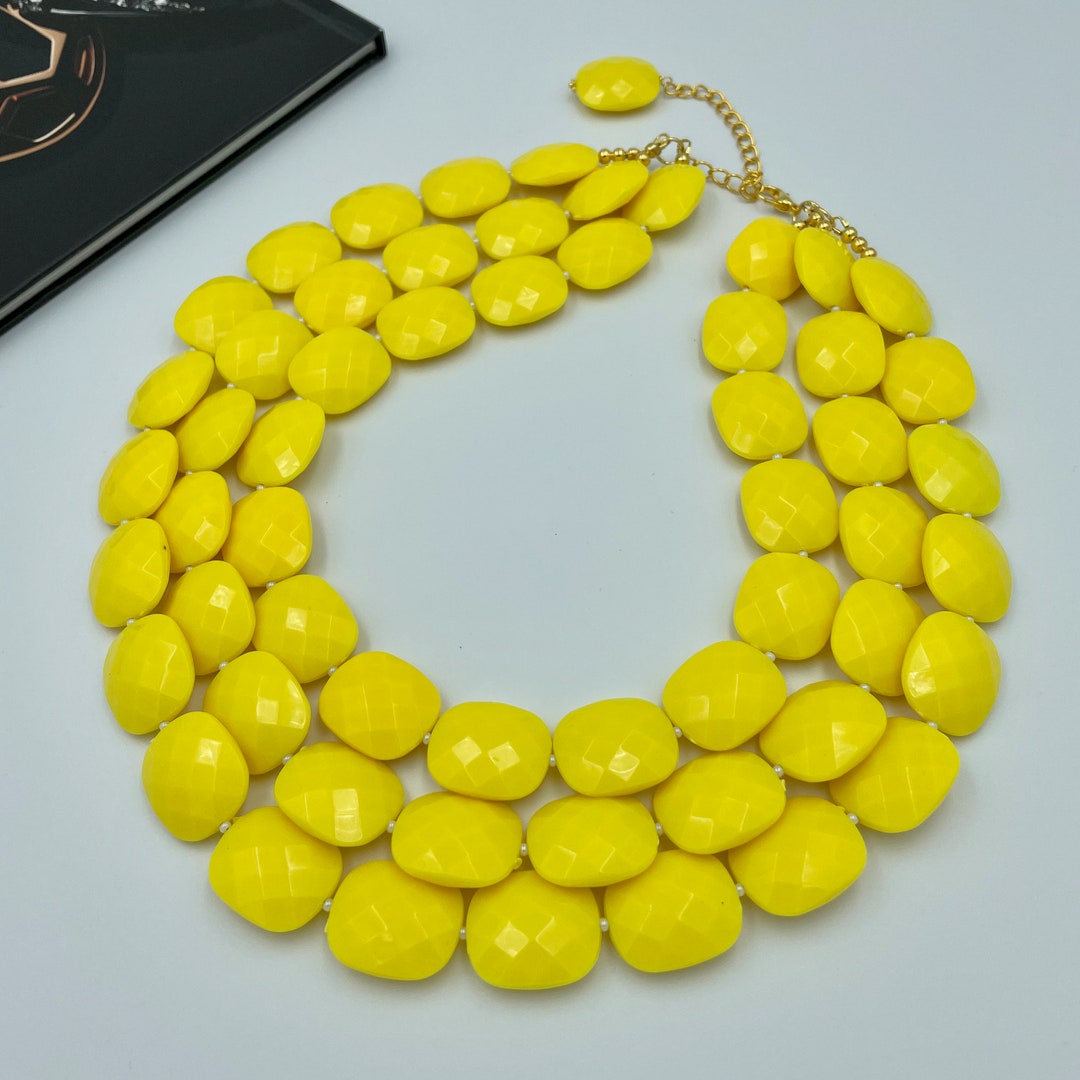 Lemon Yellow Statement Necklace, Chunky Yellow Necklace, Yellow Beaded ...