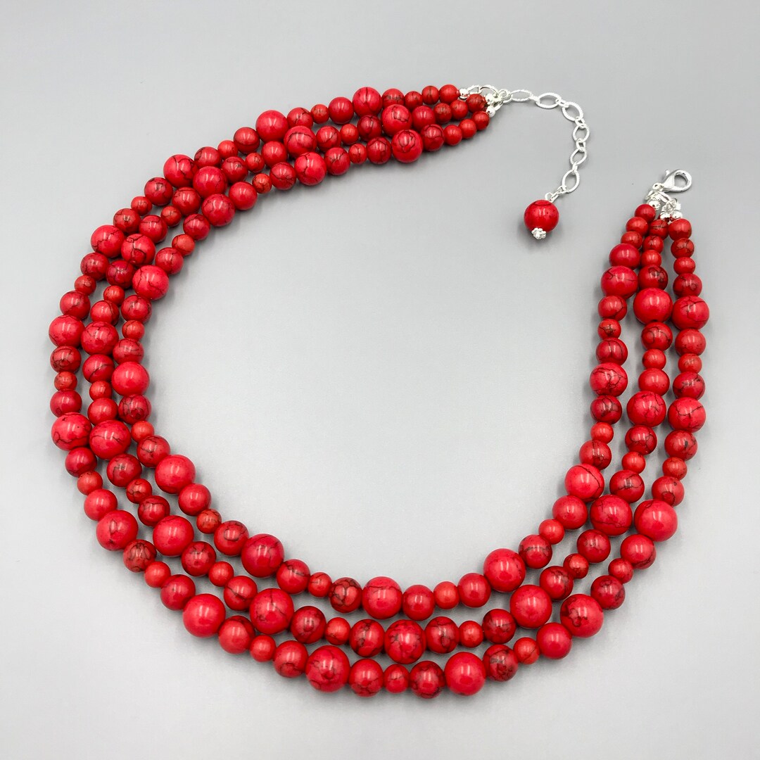 Red Turquoise Statement Necklace, Red Beaded Necklace, Turquoise ...