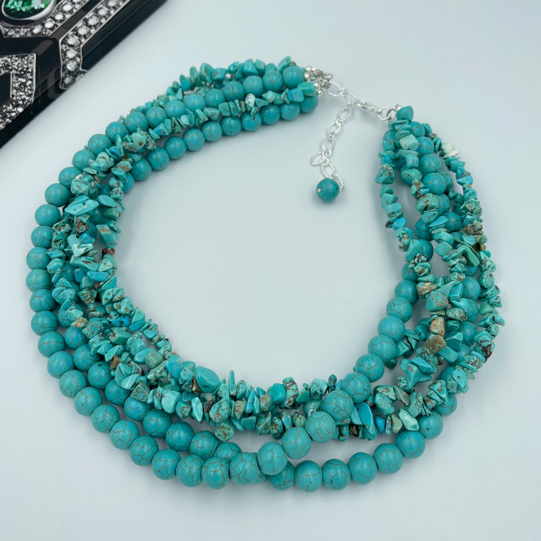Blue Turquoise Statement Multi Strand Necklace, Turquoise Chunky Beaded ...