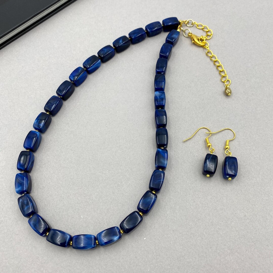 Navy Blue Statement Layered Necklace, Dark Blue Beaded Single Strand ...