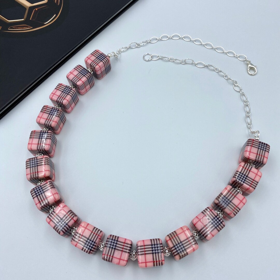Pink Striped Statement Necklace Square Beads Necklace Pink - Etsy