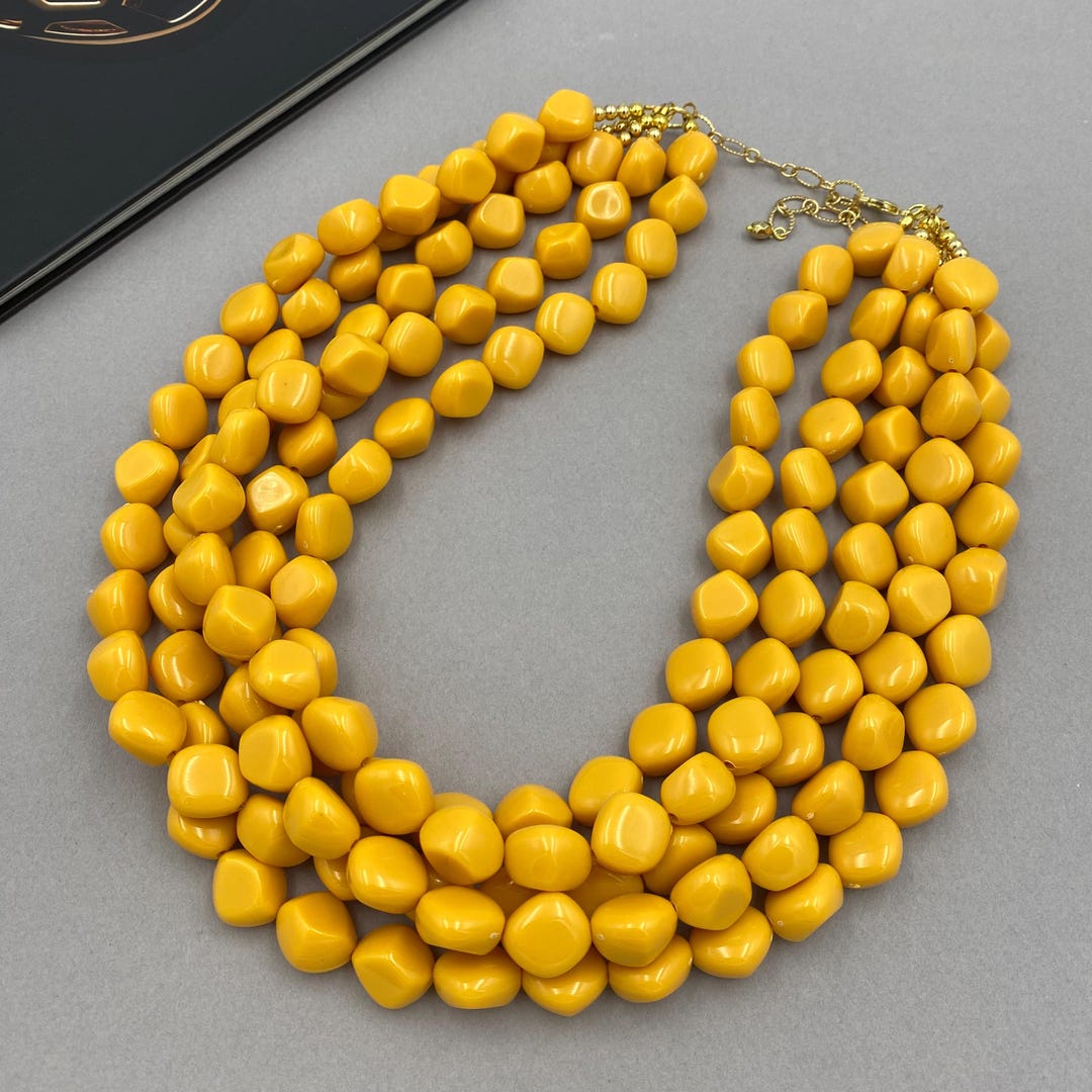 Yellow Chunky Beaded Statement Necklace, Multi Strand Acrylic Jewelry ...