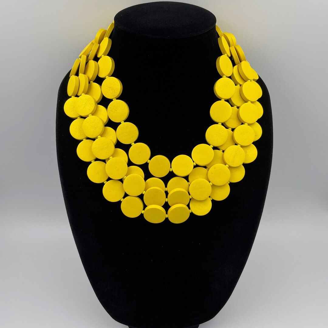 Yellow Wood Statement Necklace, Chunky Beaded Necklace, Wood Necklace ...