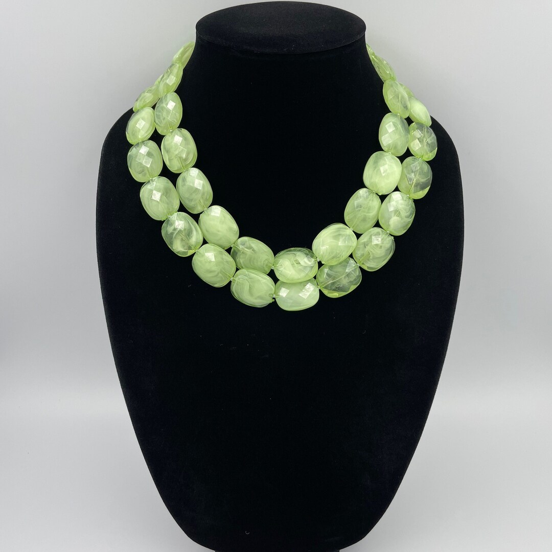 Neon Sage Green Double Strand Big Beaded Statement Necklace, Chunky ...