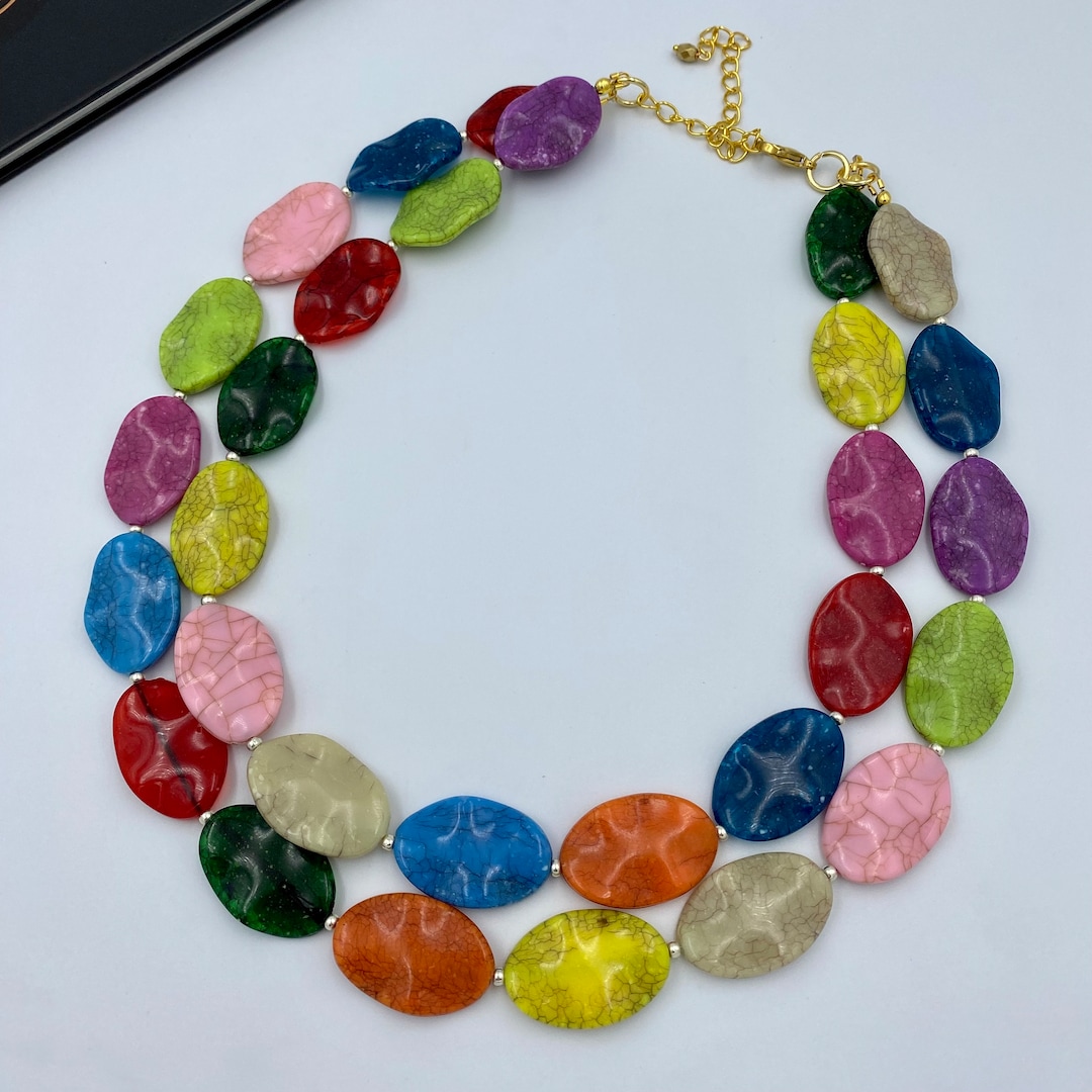 Bright Multicolor Double Strand Chunky Necklace, Colorful Beaded ...