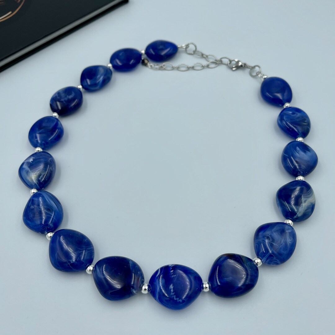 Navy Blue Single Strand Statement Necklace, Blue Chunky Necklace, Blue ...