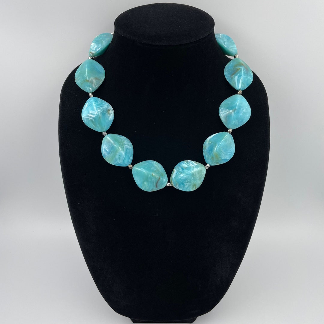 Large Turquoise Blue Single Strand Statement Necklace, Blue Beaded ...