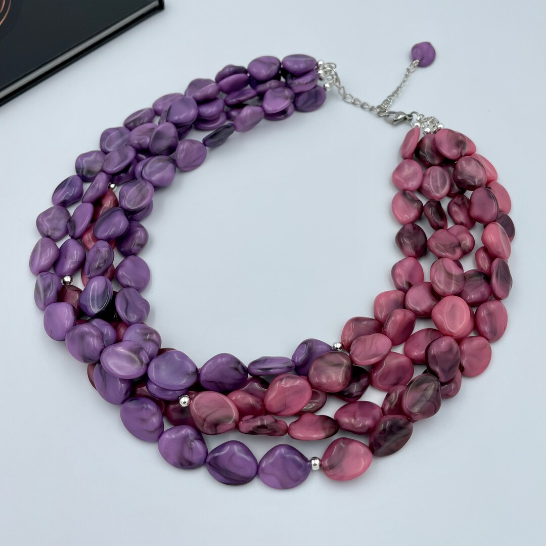 Dark Pink and Purple Statement Necklace, Chunky Beaded Necklace, Multi ...