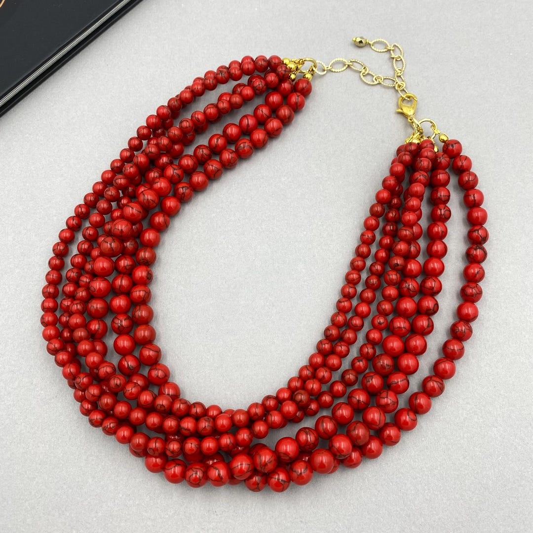Chunky Red Turquoise Necklace, Multi Strand Beaded Statement Jewelry ...