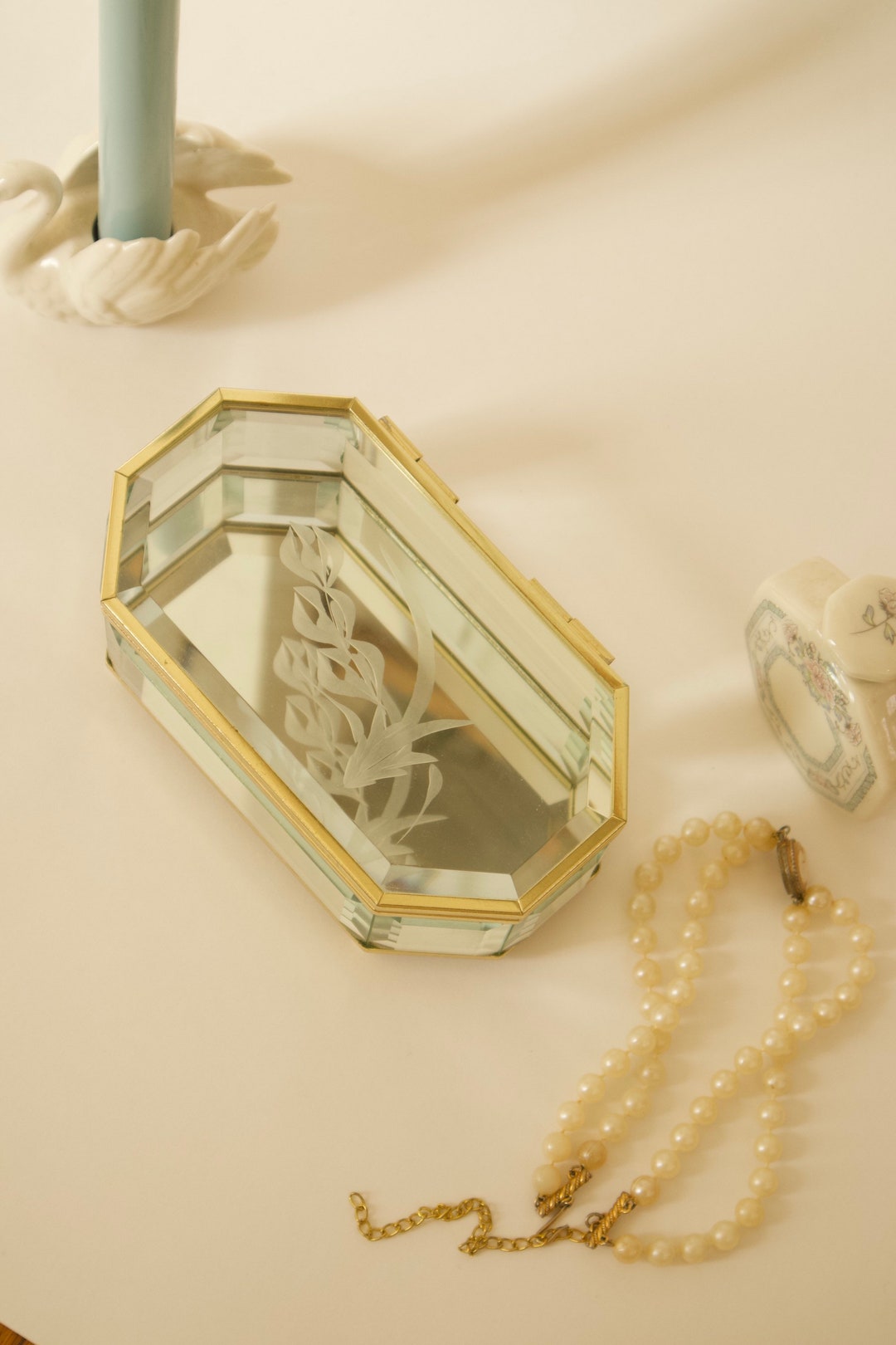 Vintage Etched Mirrored Trinket Box - Etsy