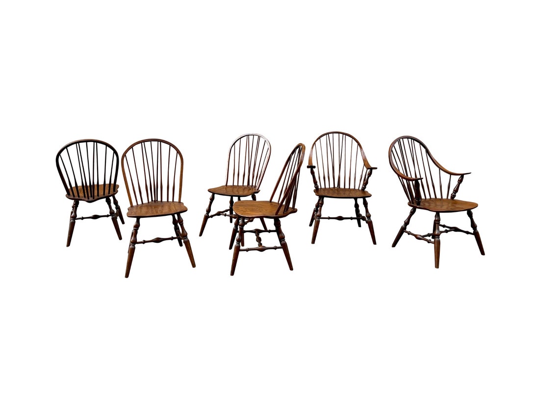 Vintage Hale Farmhouse Spindle Fan-back Solid Oak Dining Chairs Set of ...