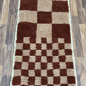 Irregular Moroccan Checkered Rug Runner: Handmade Wool Narrow Runners ...