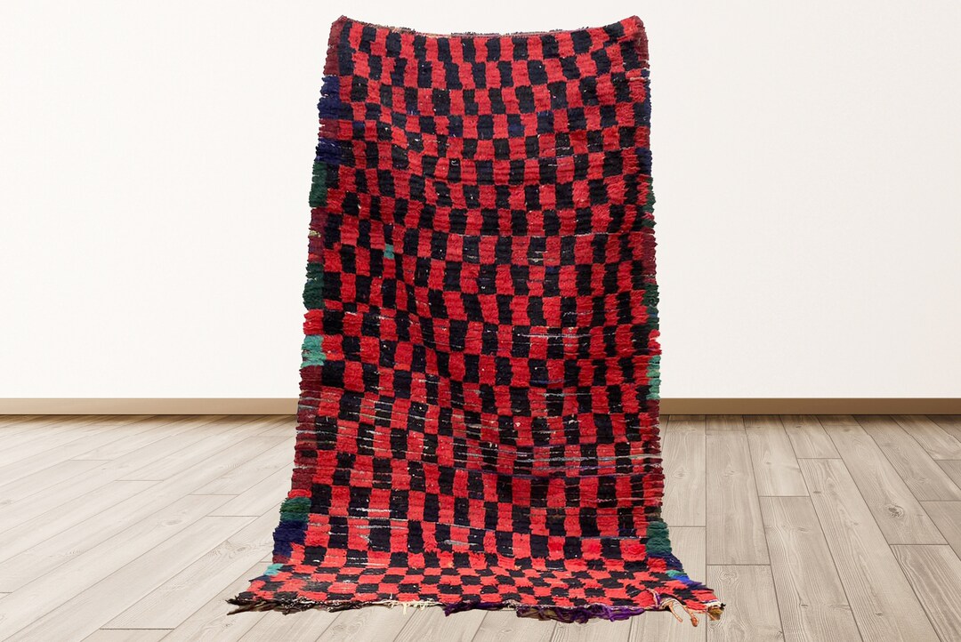Moroccan Checkered Red and Black Vintage Azilal 3x6 Feet Runner Rug ...