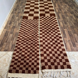 Irregular Moroccan Checkered Rug Runner: Handmade Wool Narrow Runners ...