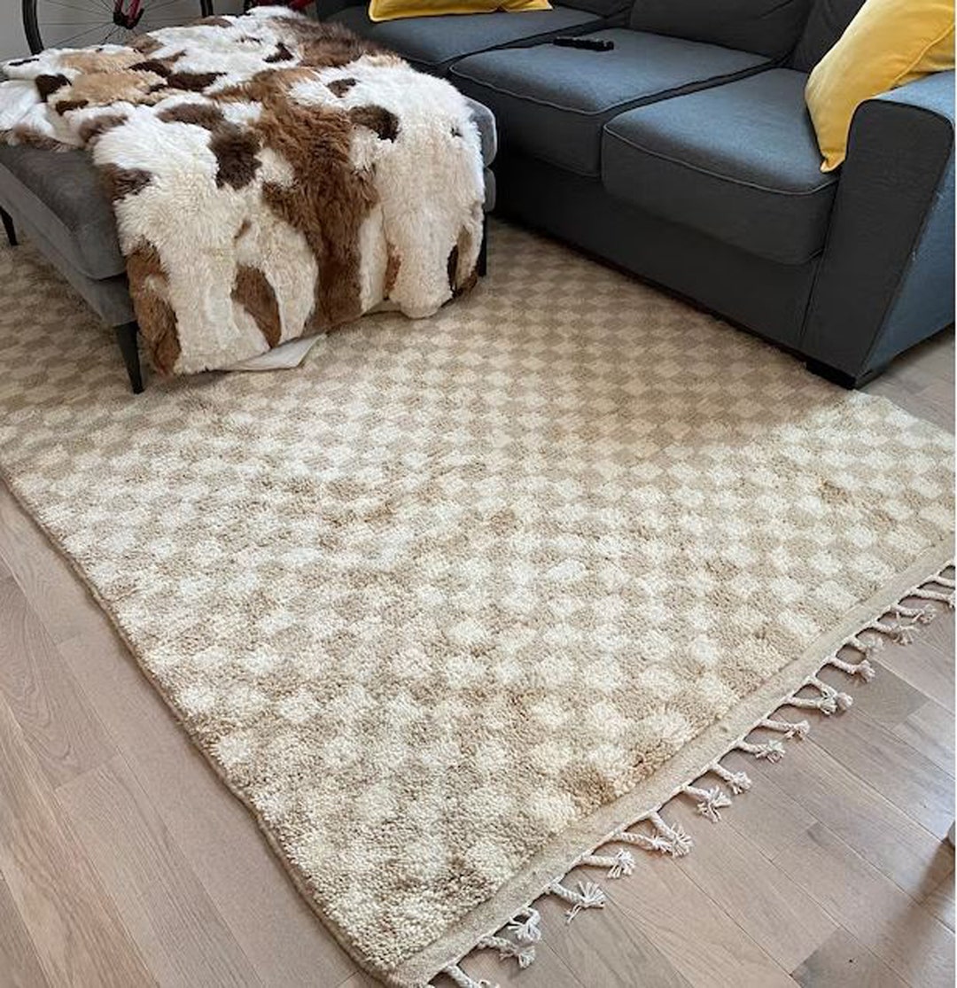 Beige and White Checkered Rug: Moroccan Wool Area Rug - Etsy
