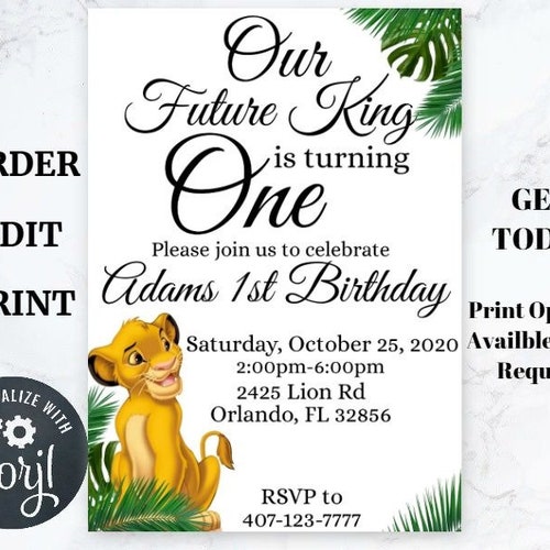 Simba Birthday Invitation Lion King Birthday Invitation - Etsy