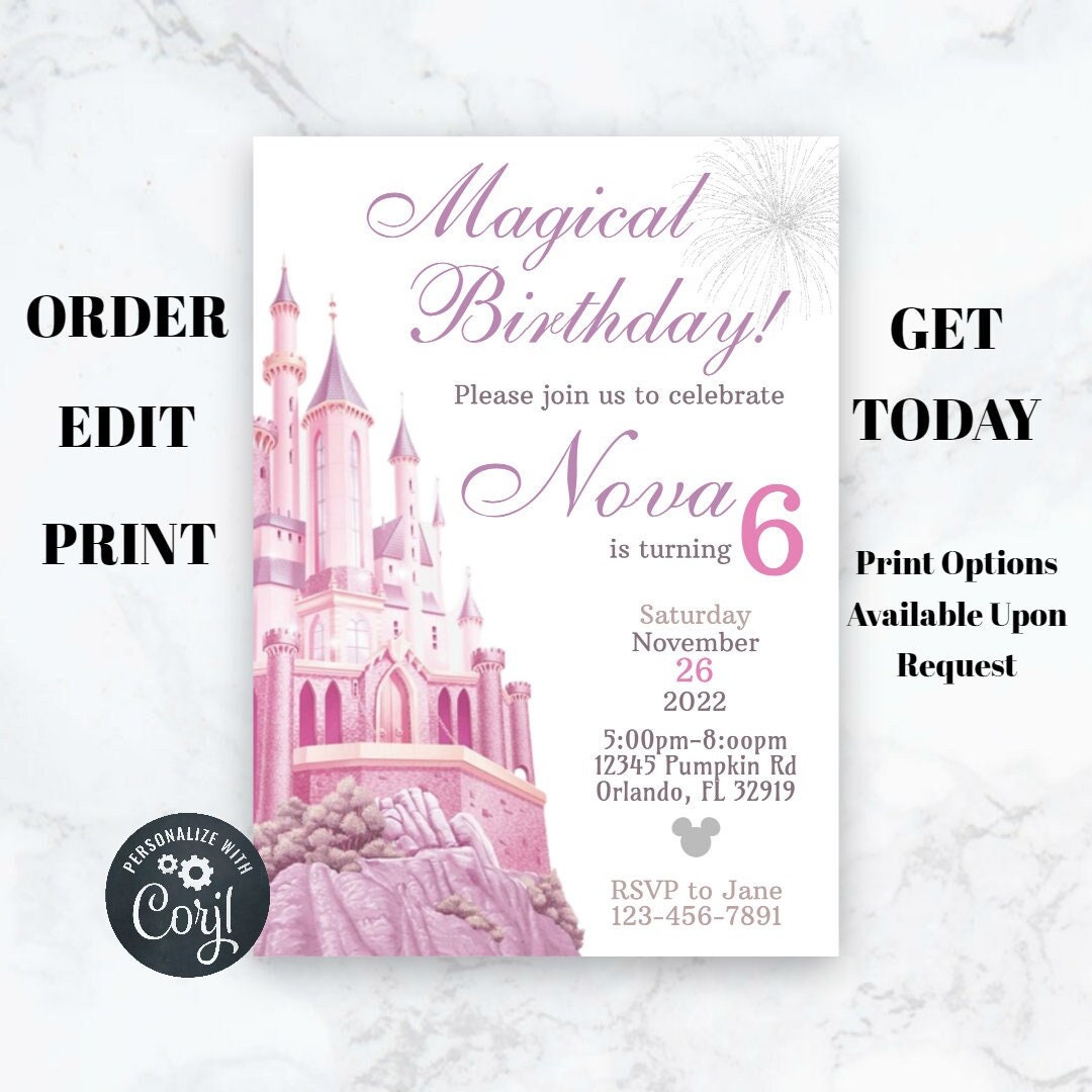 Princess Castle Birthday Invitation, Watercolor Pink Princess Castle ...