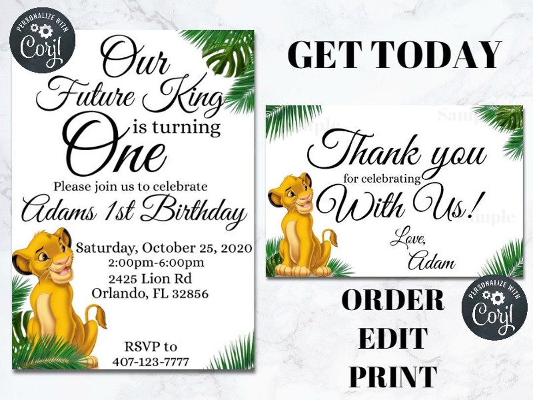 Simba Birthday Invitation, Lion King Birthday Thank You Card, Rustic ...