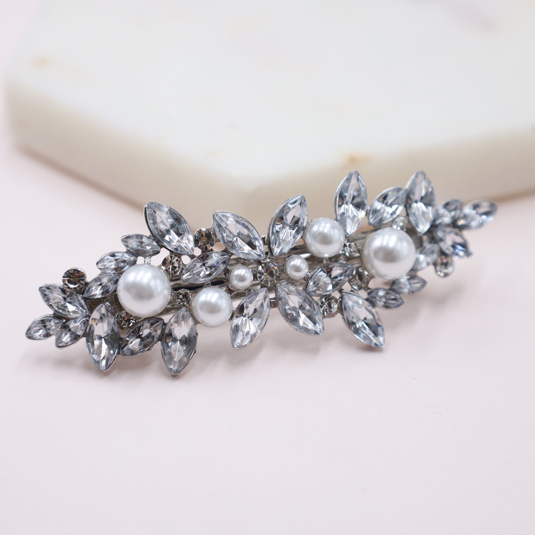 Silver Hair Clip Barrette Pearl Hair Clip Rhinestone Silver Hair ...