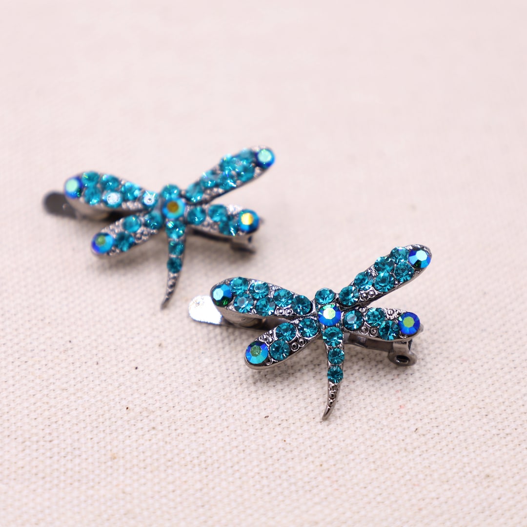Teal Crystal Dragonfly Hair Clips, Magnetic Barrettes for Fine Hair ...