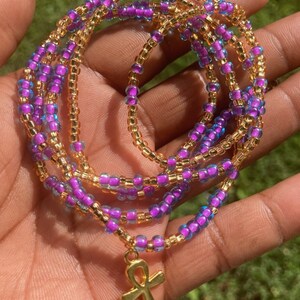 Purple Gold Ankh Waist Bead Tie on or Clasp Waist Beads Spiritual Belly ...