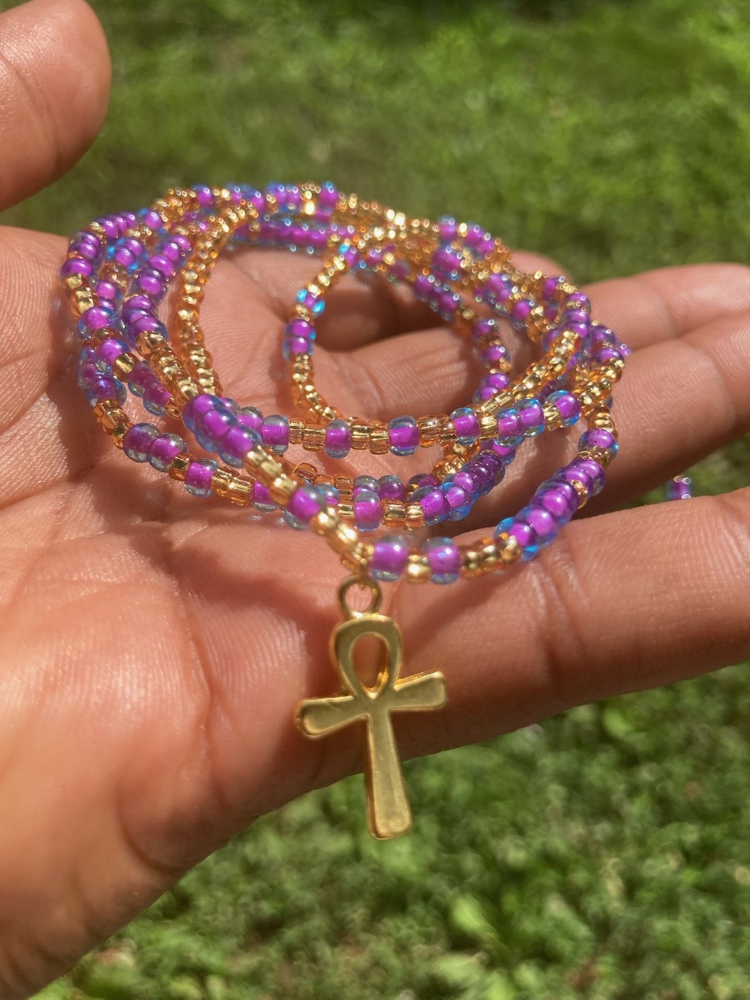 Purple Gold Ankh Waist Bead Tie on or Clasp Waist Beads Spiritual Belly ...