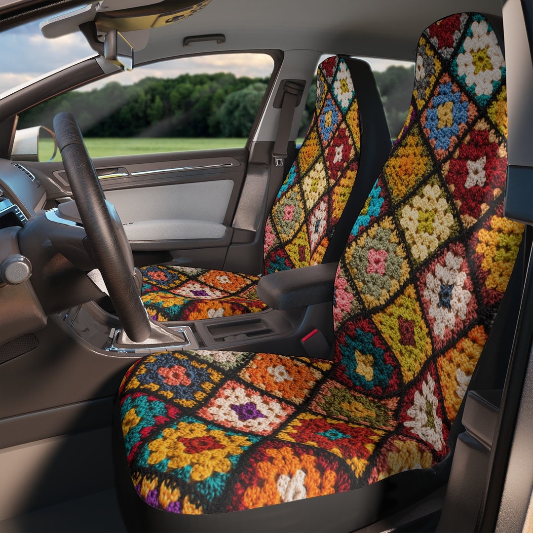 Granny Squares Style Print Car Seat Covers, Car Interior Decor Boho ...