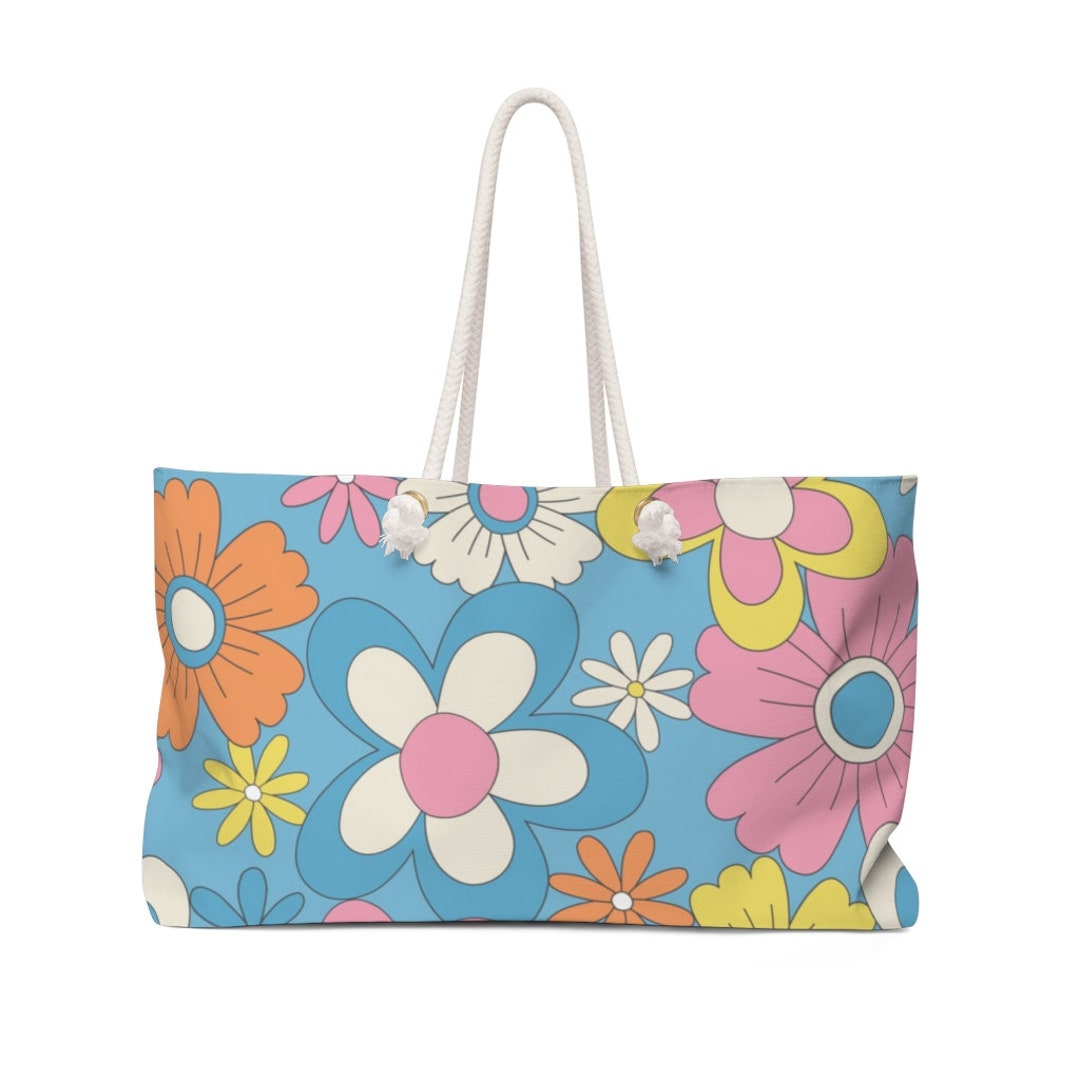 Retro Flowers Weekender Bag, Colorful Bright Flowers Tote Weekender Bag ...