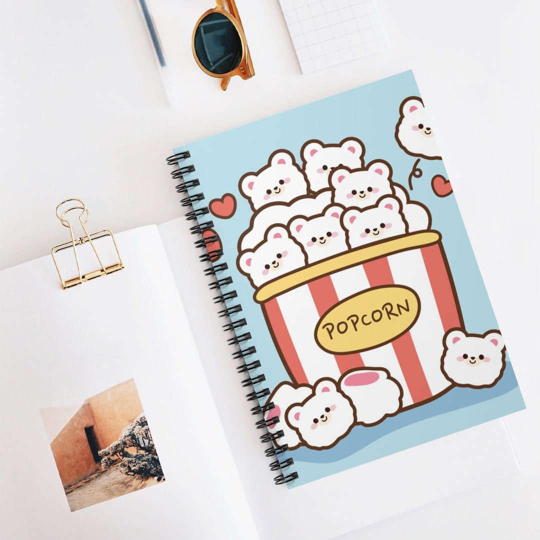 Cute Kawaii Notebook With Tiny Face Bear Popcorn Cartoon Design Print ...