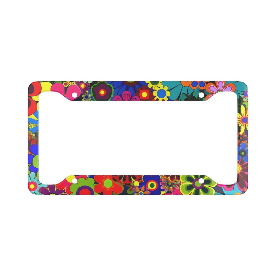 Hippie Retro Floral Car License Plate Frame: Colorful Vintage-inspired ...