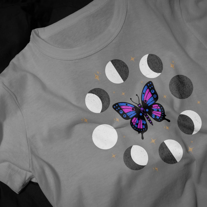 Bi Butterfly Moon Phases Graphic Tee Shirt Bisexual Queer Crew Neck ...