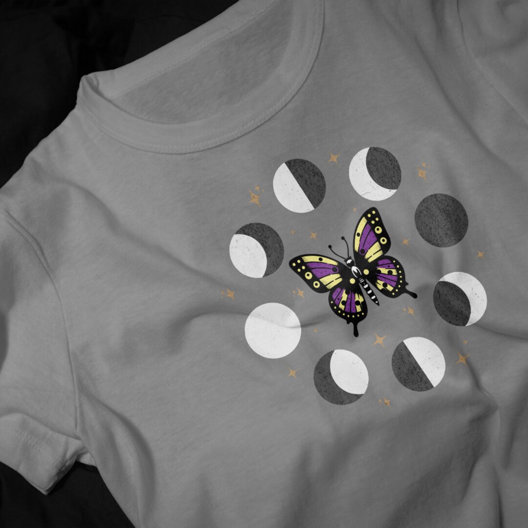 Non-binary Butterfly Moon Phases Graphic Tee Shirt Gender Queer Crew ...