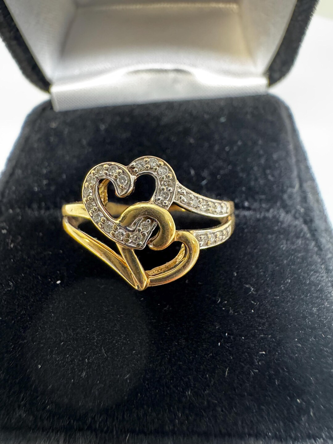 10k Yellow Gold Interlocking Hearts Ring With Diamond Accents - Size 5. ...