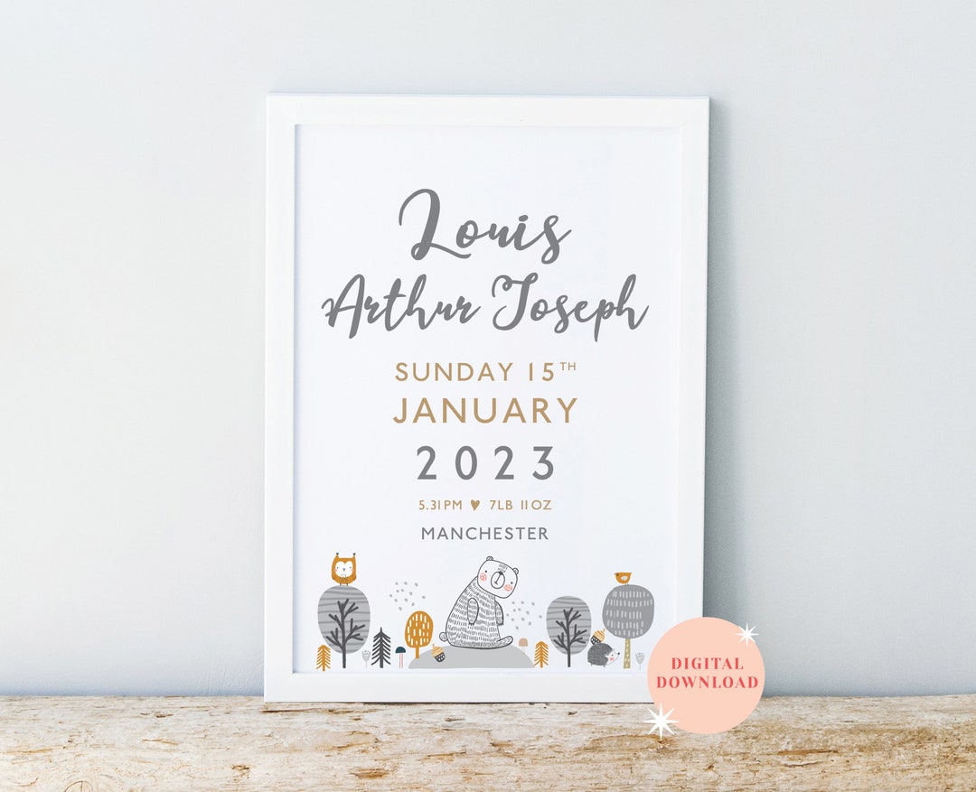 Personalised New Baby Print, New Baby Boy Print, Birth Details, Baby ...