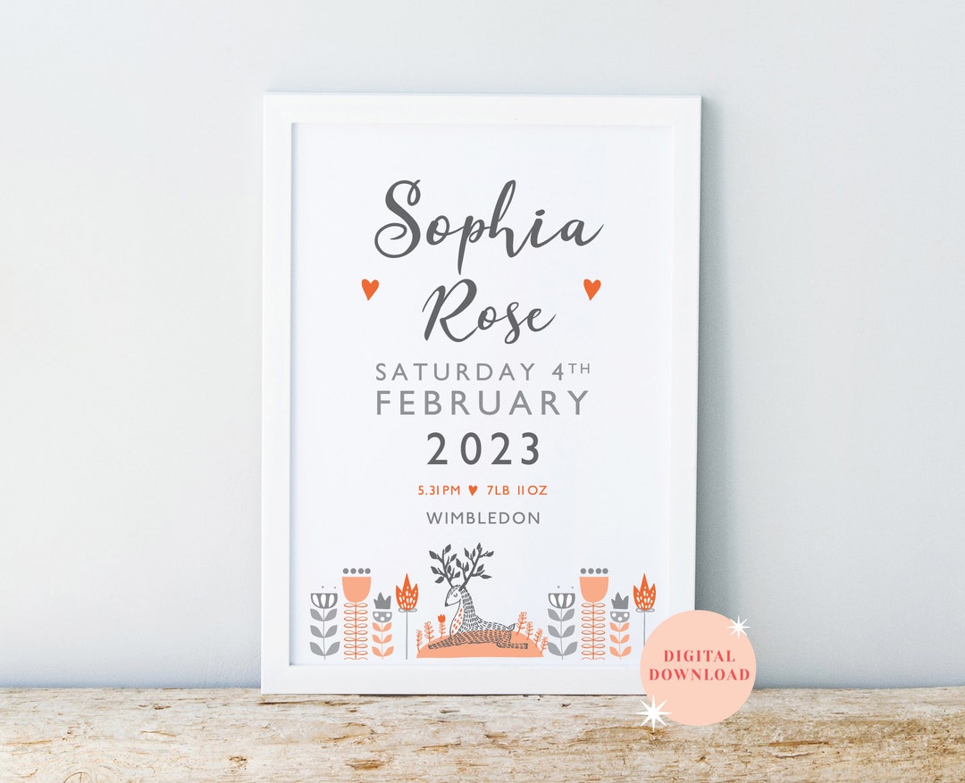 Personalised New Baby Printable, New Baby Girl Print, Birth Details ...