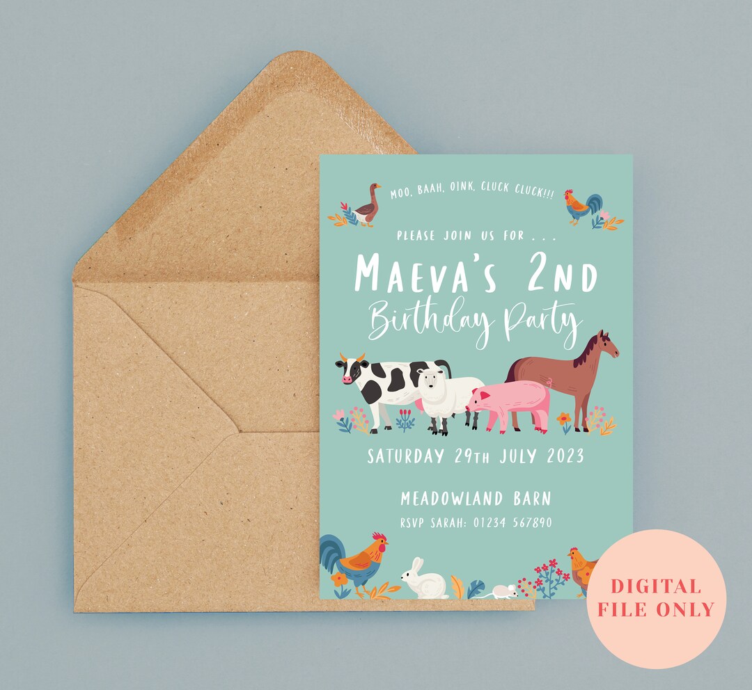 Digital Farmyard Birthday Invitation, Personalised Children's Party ...