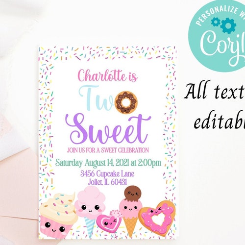 Two Sweet Editable Printable Birthday Party Invitation - Etsy