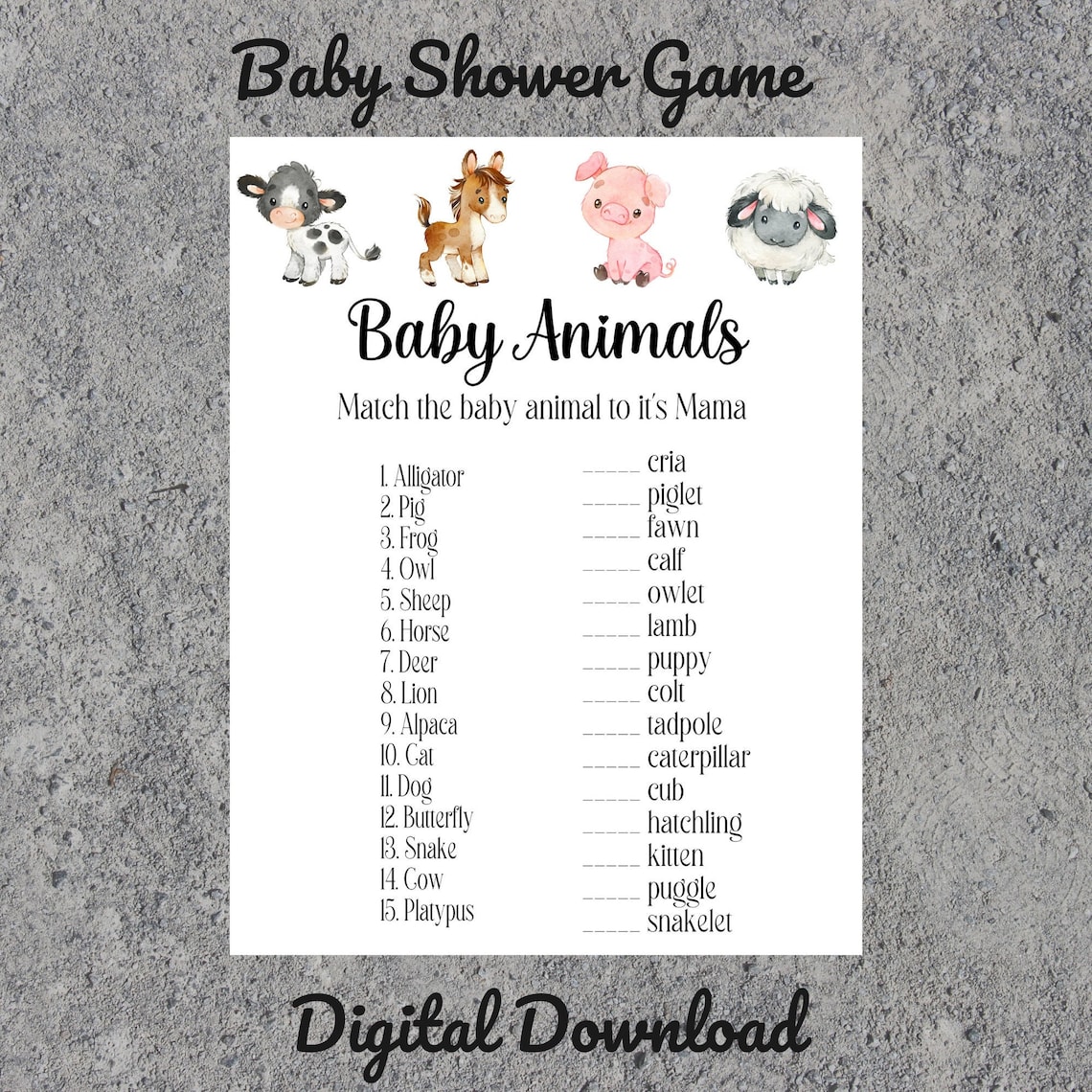 Printable Farm Animal Baby Shower Game Match Baby to | Etsy