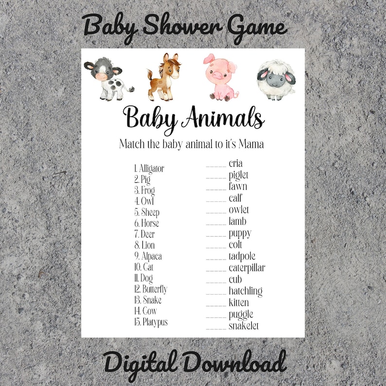 Printable Farm Animal Baby Shower Game Match Baby to | Etsy