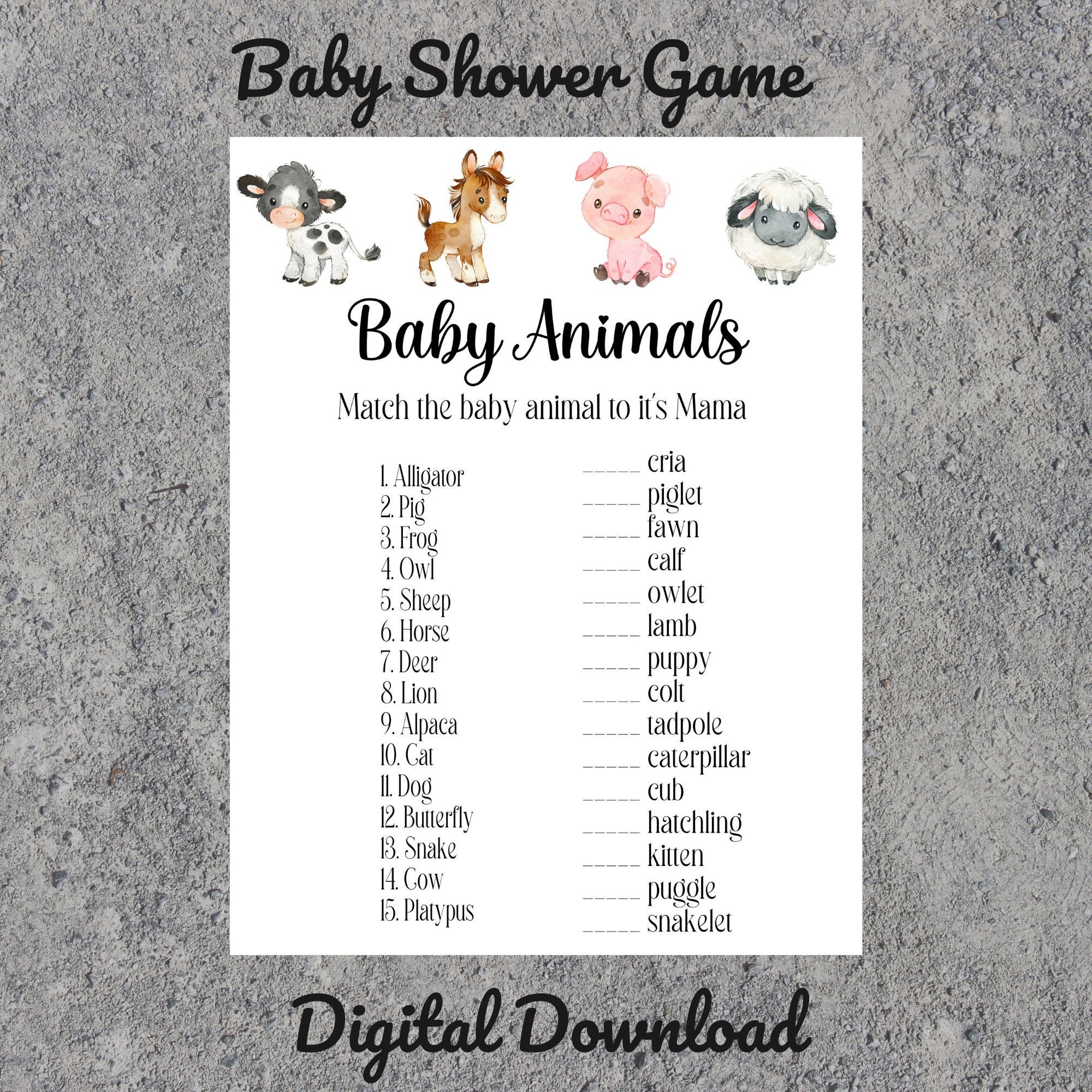 Printable Farm Animal Baby Shower Game Match Baby to | Etsy