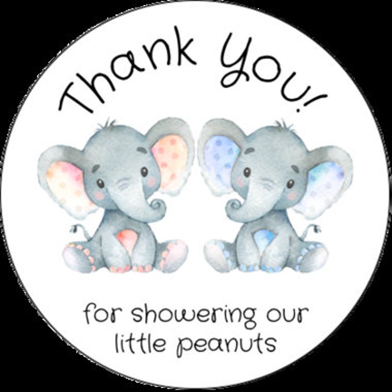 Twins Baby Shower Thank You Stickers, Elephant Theme (digital Download ...