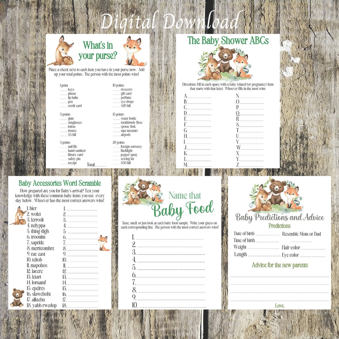 Baby Shower Game Bundle, Woodland Animals, What's in Your Purse, Baby ...