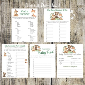 Baby Shower Game Bundle, Woodland Animals, What's in Your Purse, Baby ...